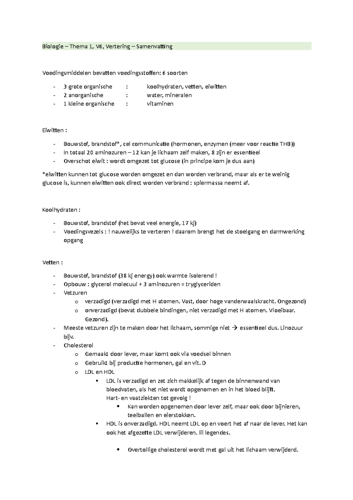 Vertering (niet af - Biologie – Thema 1, V6, Vertering – Samenvatting ...