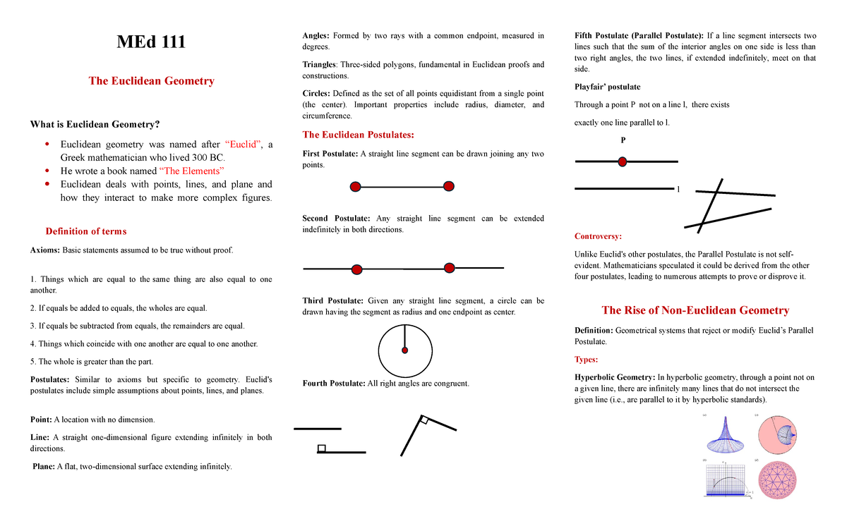 Eucledian and Non-Eucledian Geometry - MEd 111 The Euclidean Geometry What is Euclidean Geometry ...