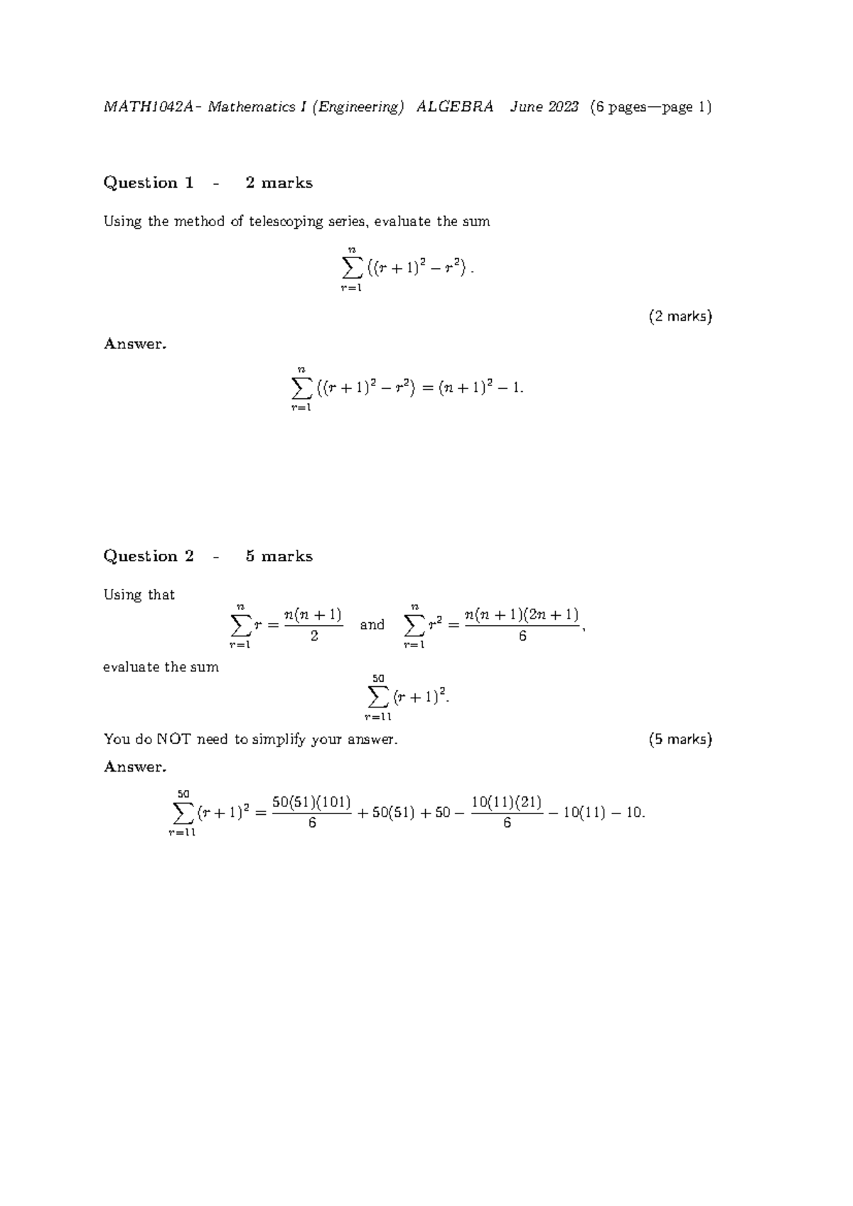 MATH1042 Algebra June exam short memo - Question 1 - 2 marks Using the method of telescoping ...
