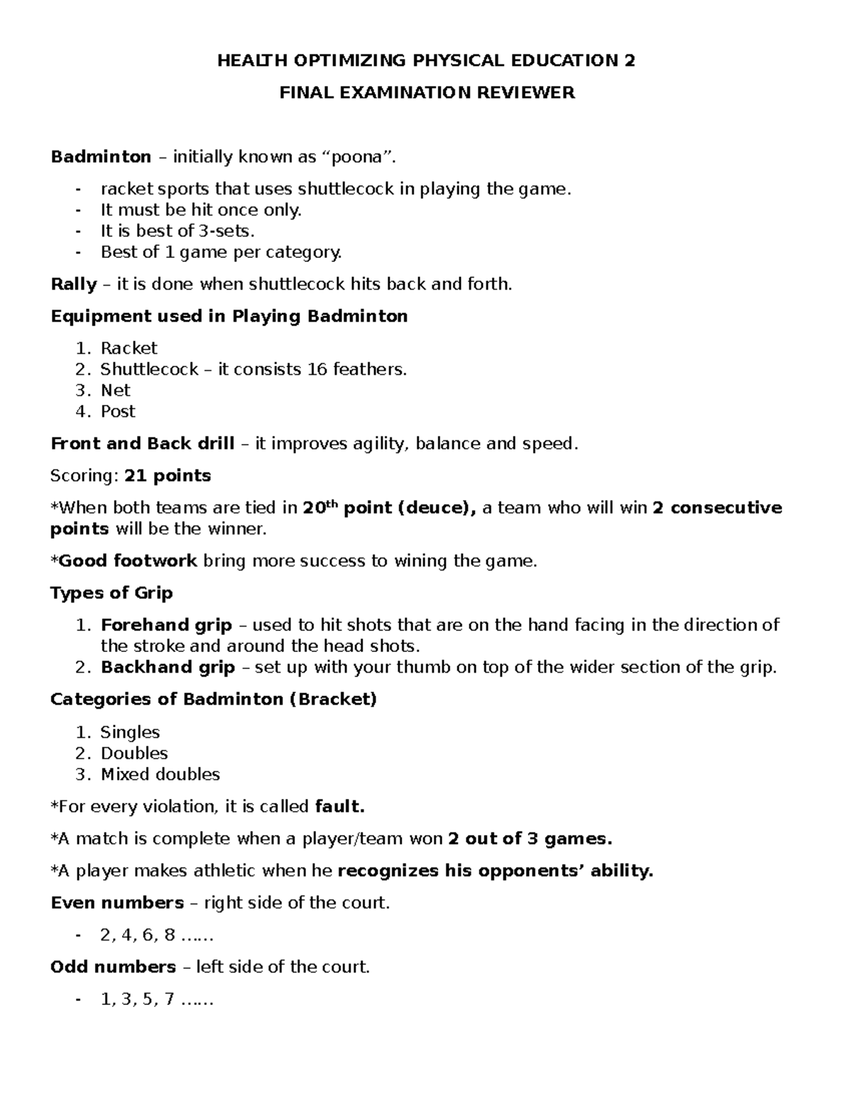 PE2- Finals- Reviewer - HEALTH OPTIMIZING PHYSICAL EDUCATION 2 FINAL ...