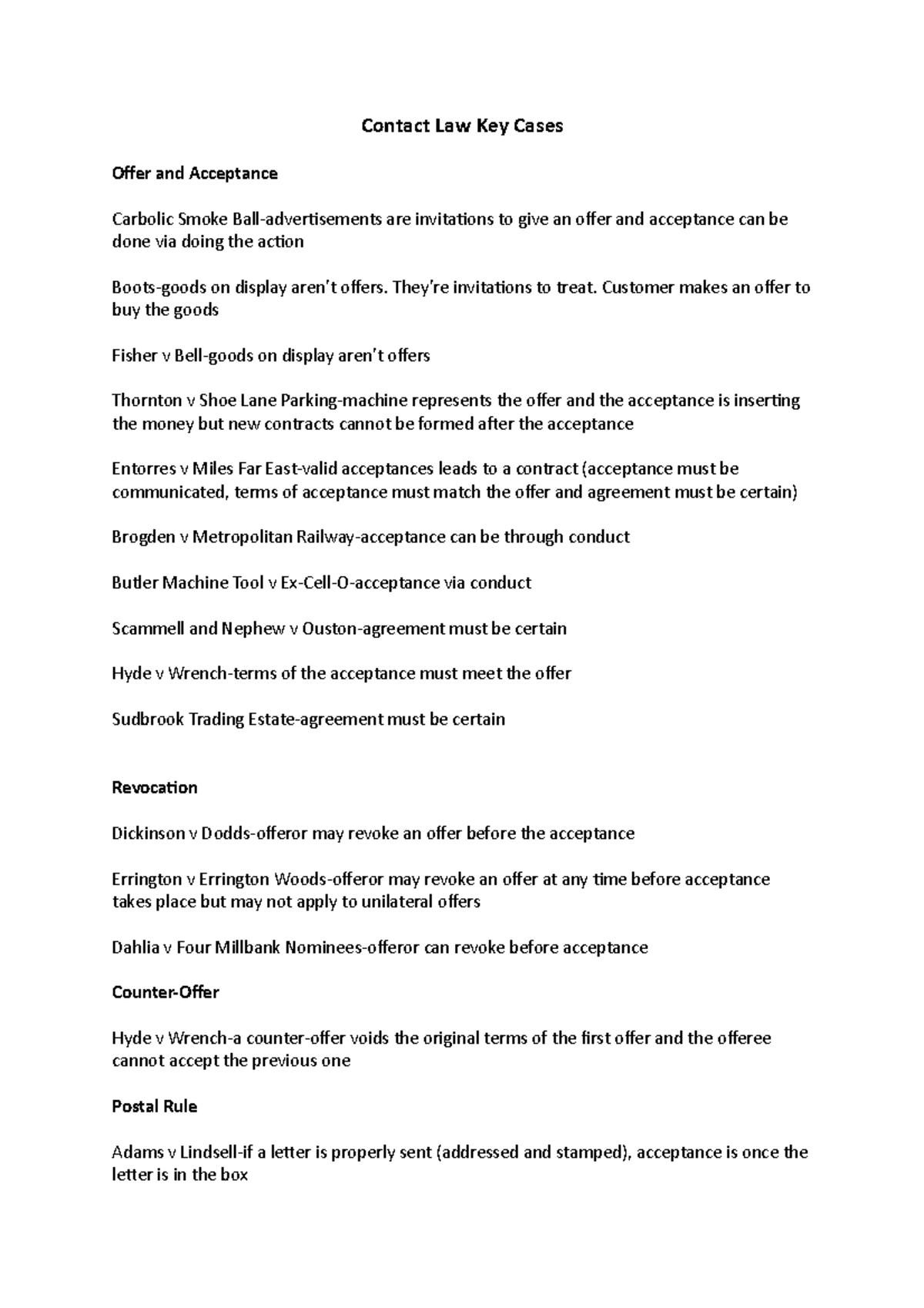 Contact Law Key Cases and Ratio Semester 1 - Contact Law Key Cases ...