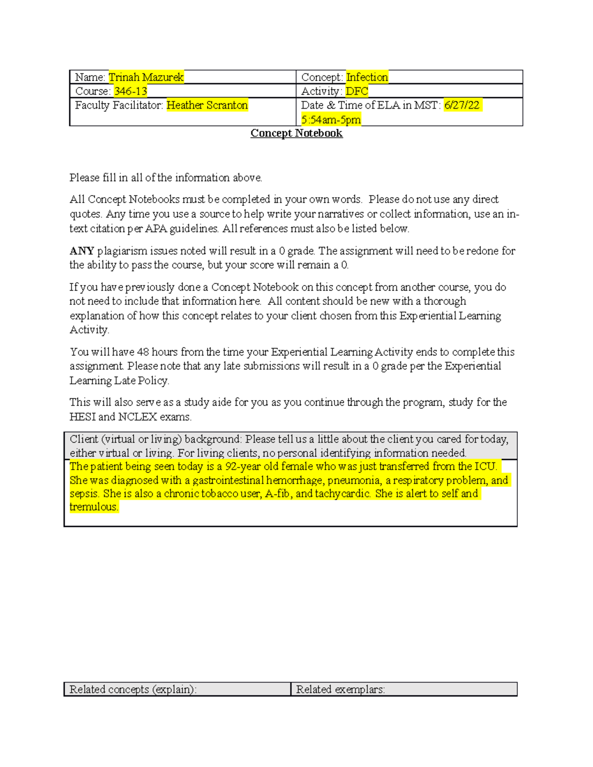 DFC #1 - Concept notebook - Name: Trinah Mazurek Concept: Infection ...