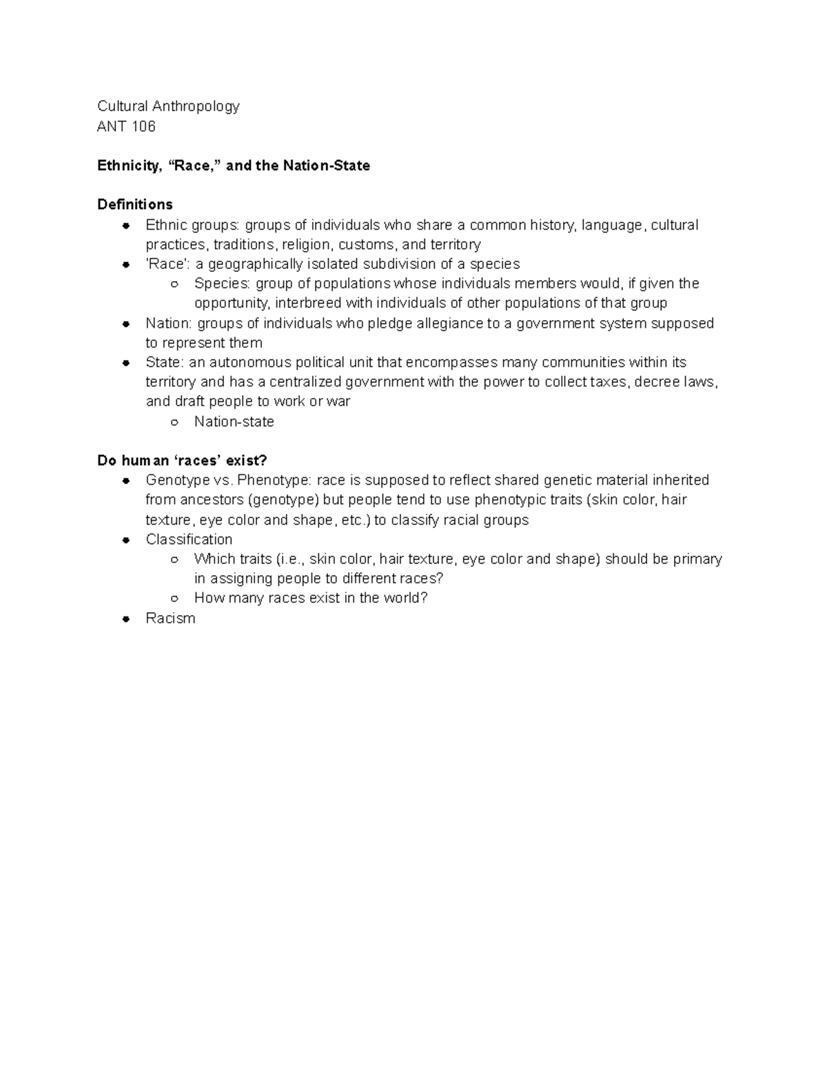 Anthro 4 - Cultural Anthropology ANT 106 Ethnicity, “Race,” and the ...