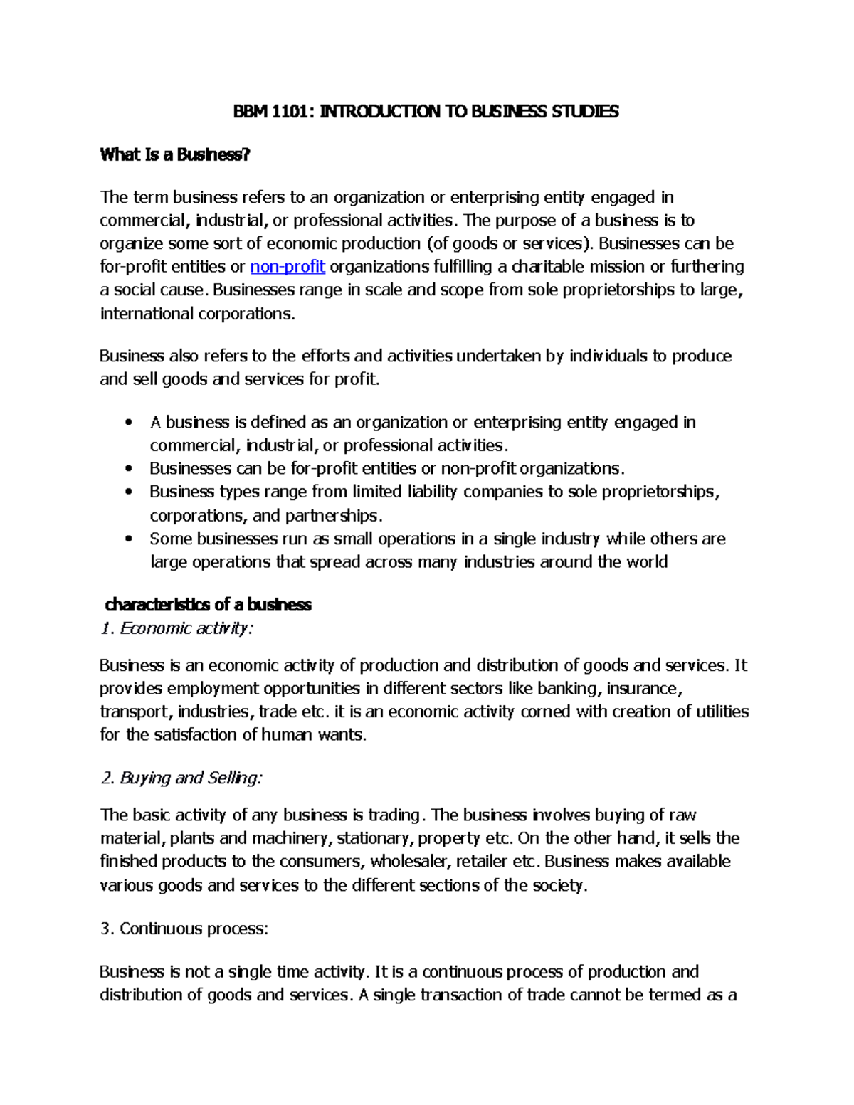 BBM 1101 Intro TO Business Notes - BBM 1101 : INTRODUCTION TO BUSINESS ...