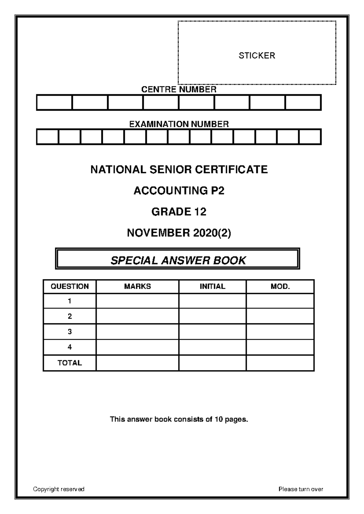 Accounting P2 NSC Nov 2020 Answer Book Eng - CENTRE NUMBER EXAMINATION ...