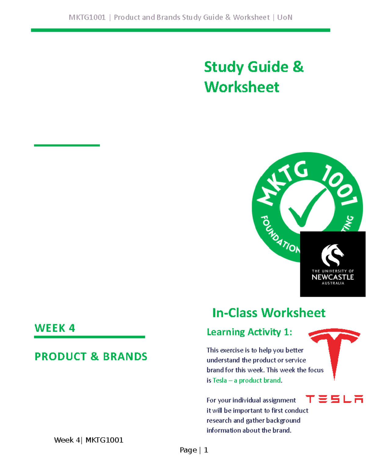 MKTG1001 Week 4 Products and Brands - In-Class Worksheet Learning ...