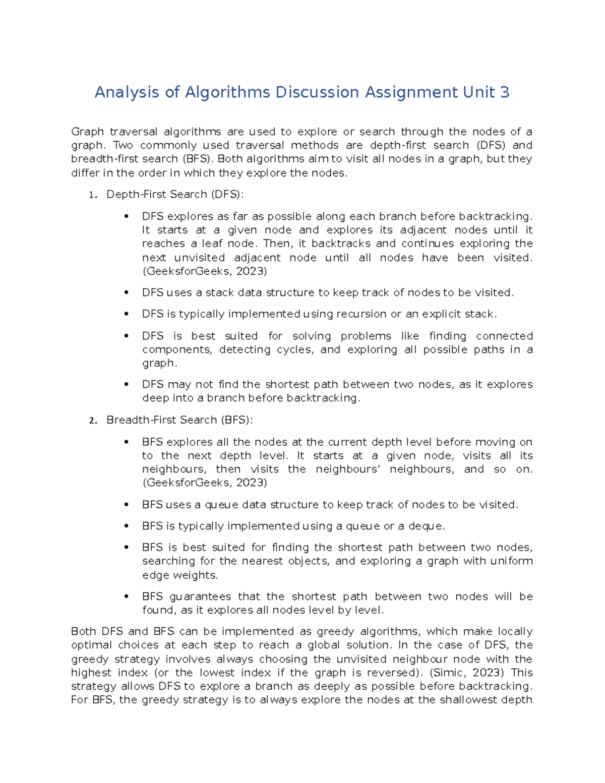 Analysis of algorithms Discussion Assignment Unit 3 - Two commonly used ...