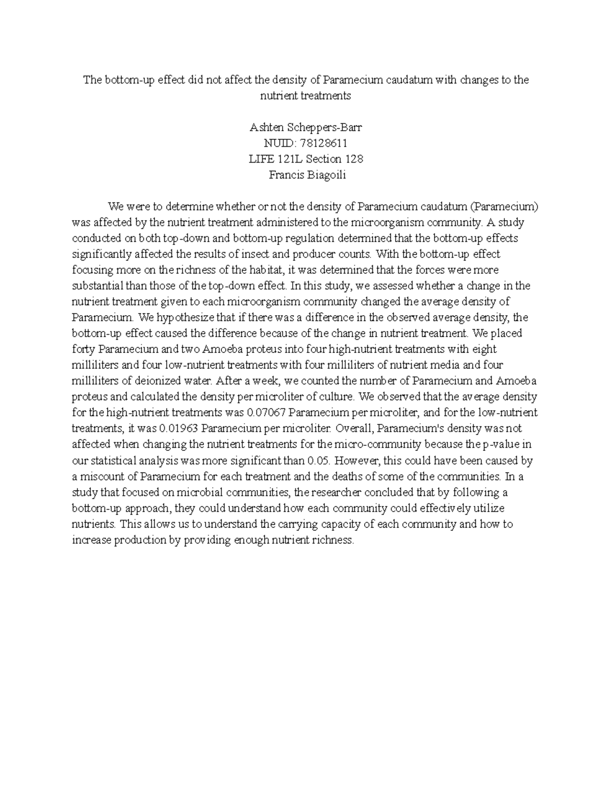 Ecology Lab report - The bottom-up effect did not affect the density of ...