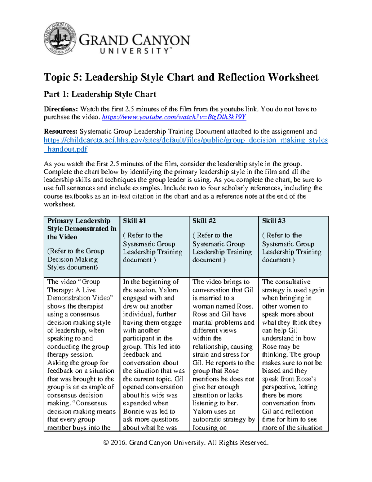 BHS-240.RS.T5Leadership Style Chart And Reflection Worksheet - © 2016 ...