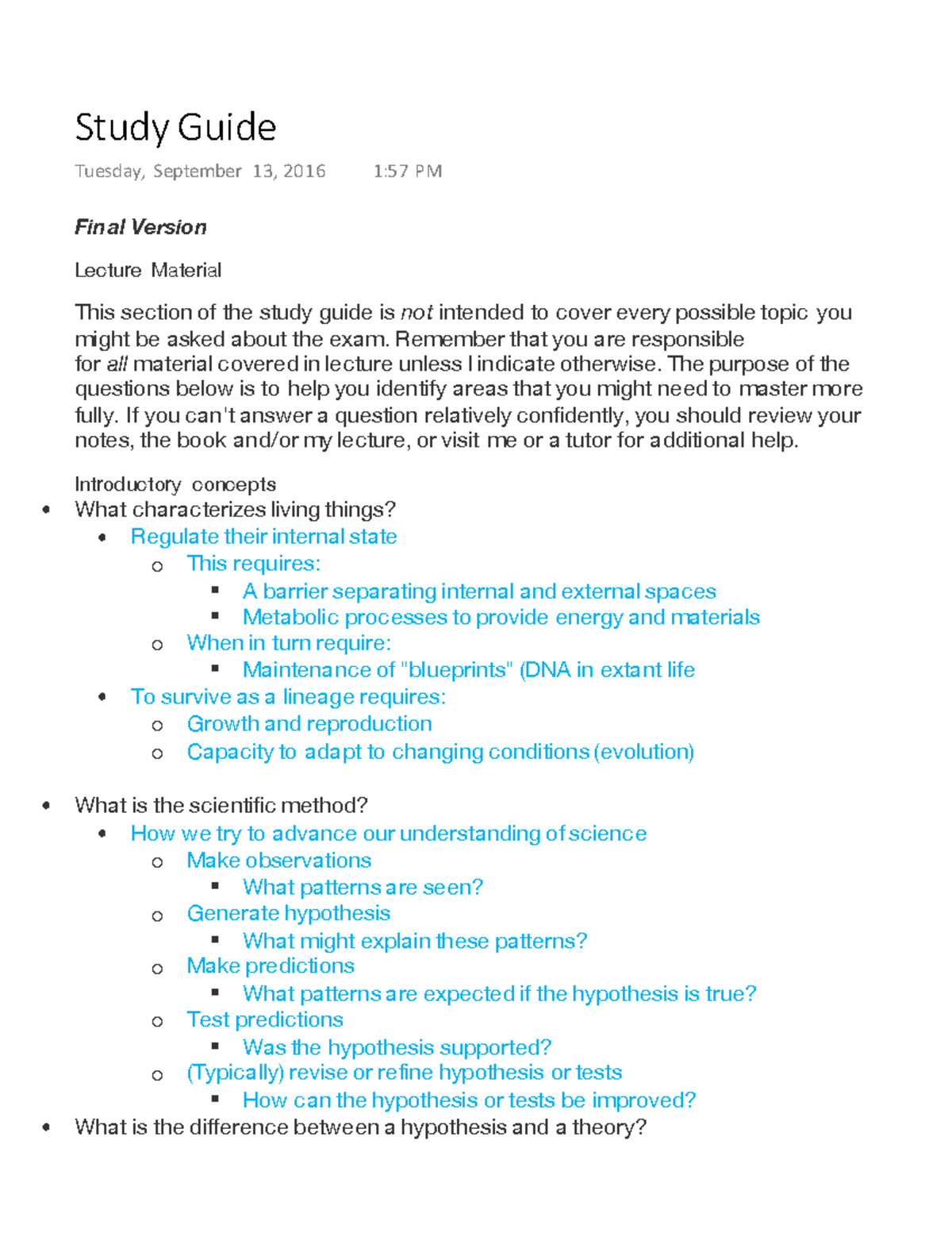 Study Guide Exam 1 - Summary General Biology: Organismal And Population ...