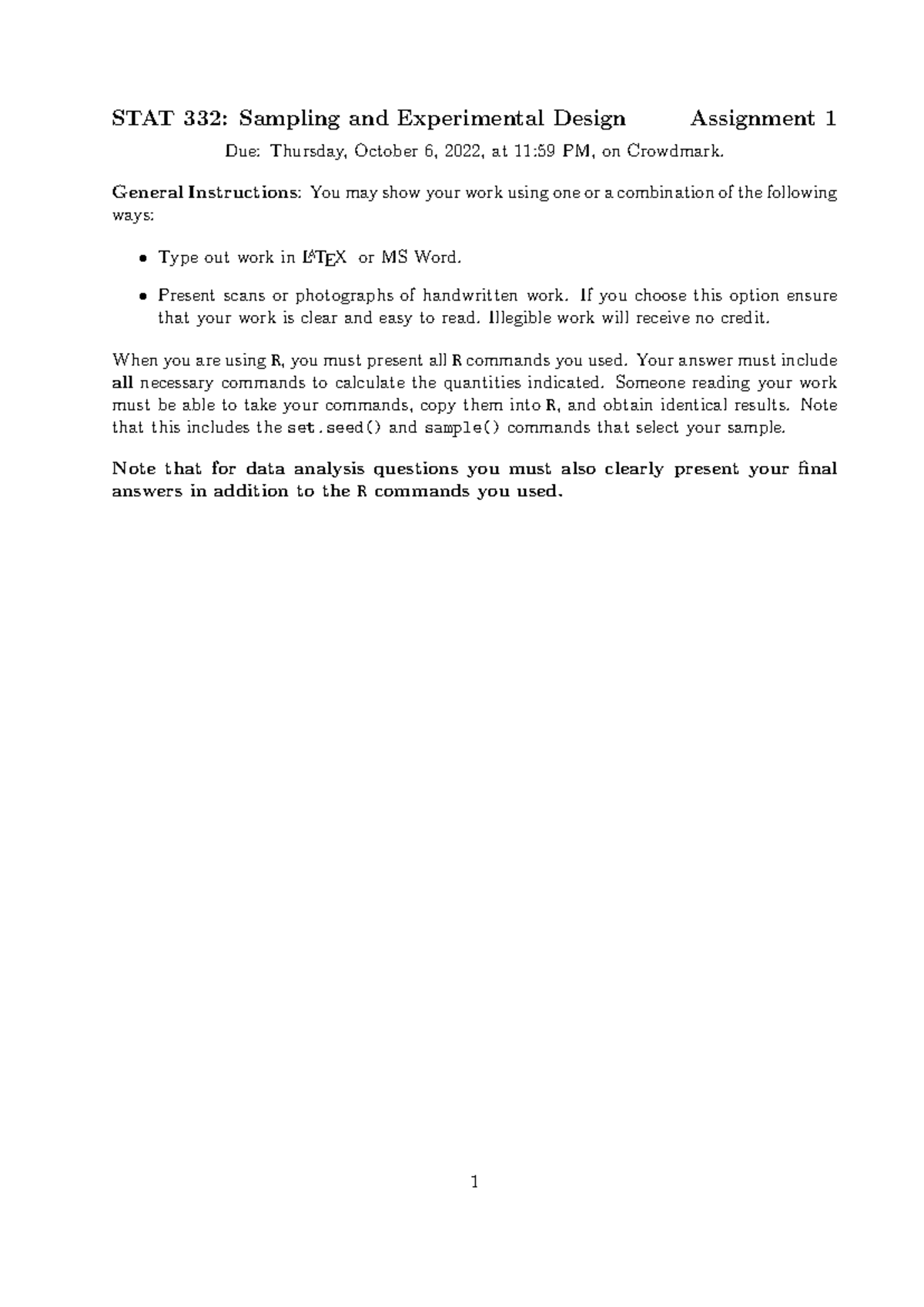 A1 - assignment 1 - STAT 332: Sampling and Experimental Design ...