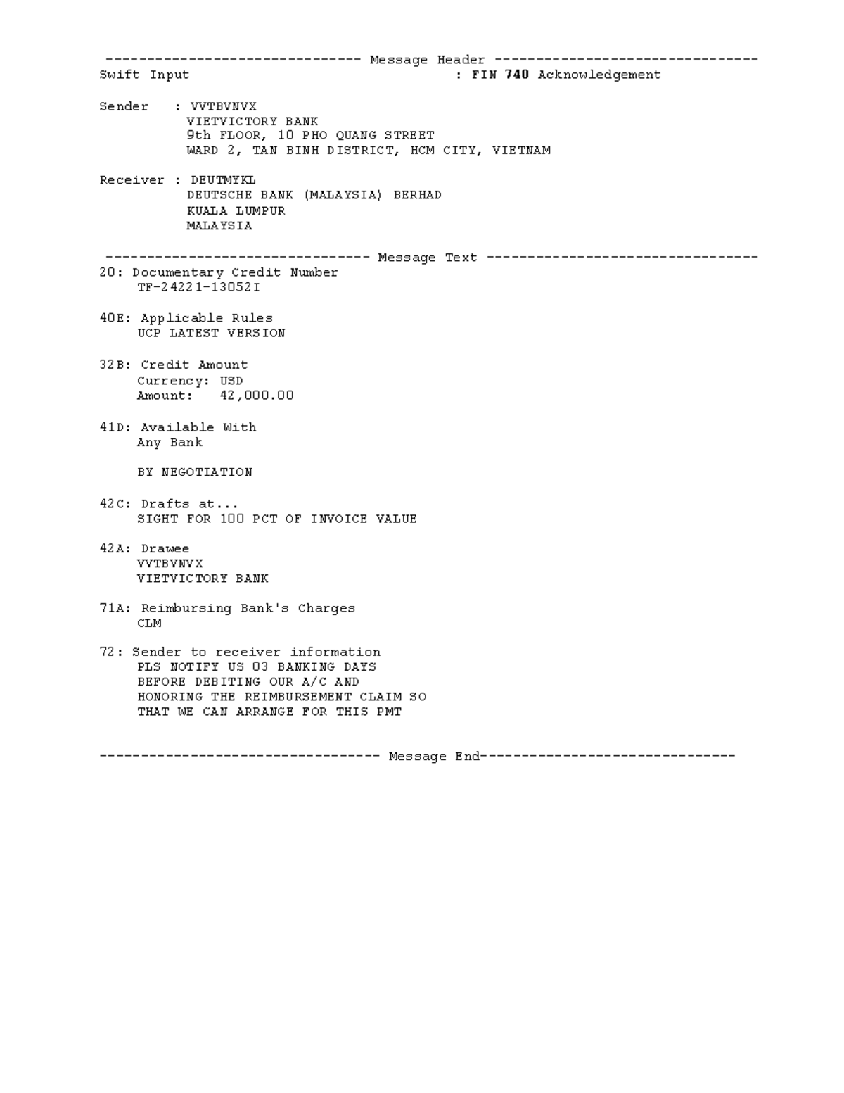 Issue LC MT740 20240808193403 - Message Header - Swift Input : FIN 740 ...