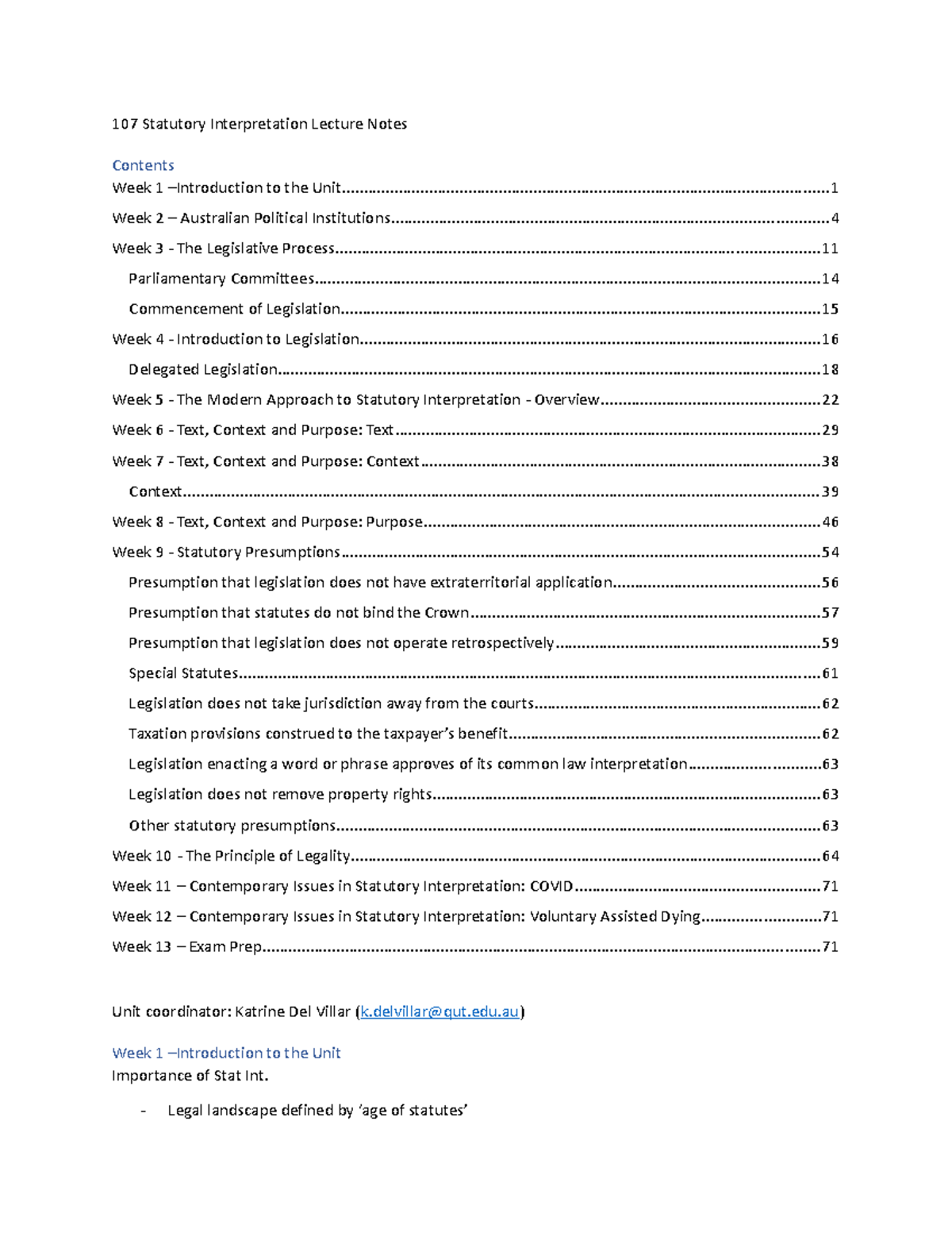 Weekly Lecture Notes 107 Statutory Interpretation Lecture Notes Unit Coordinator Katrine Del