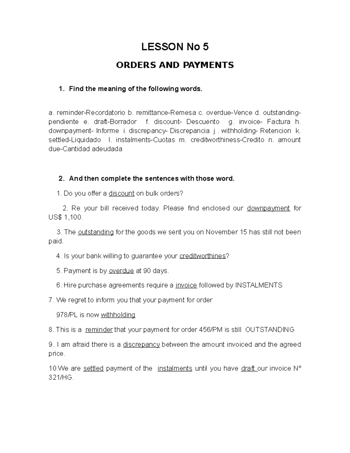 Lesson No 5 and 6 third class - LESSON No 5 ORDERS AND PAYMENTS 1. Find ...