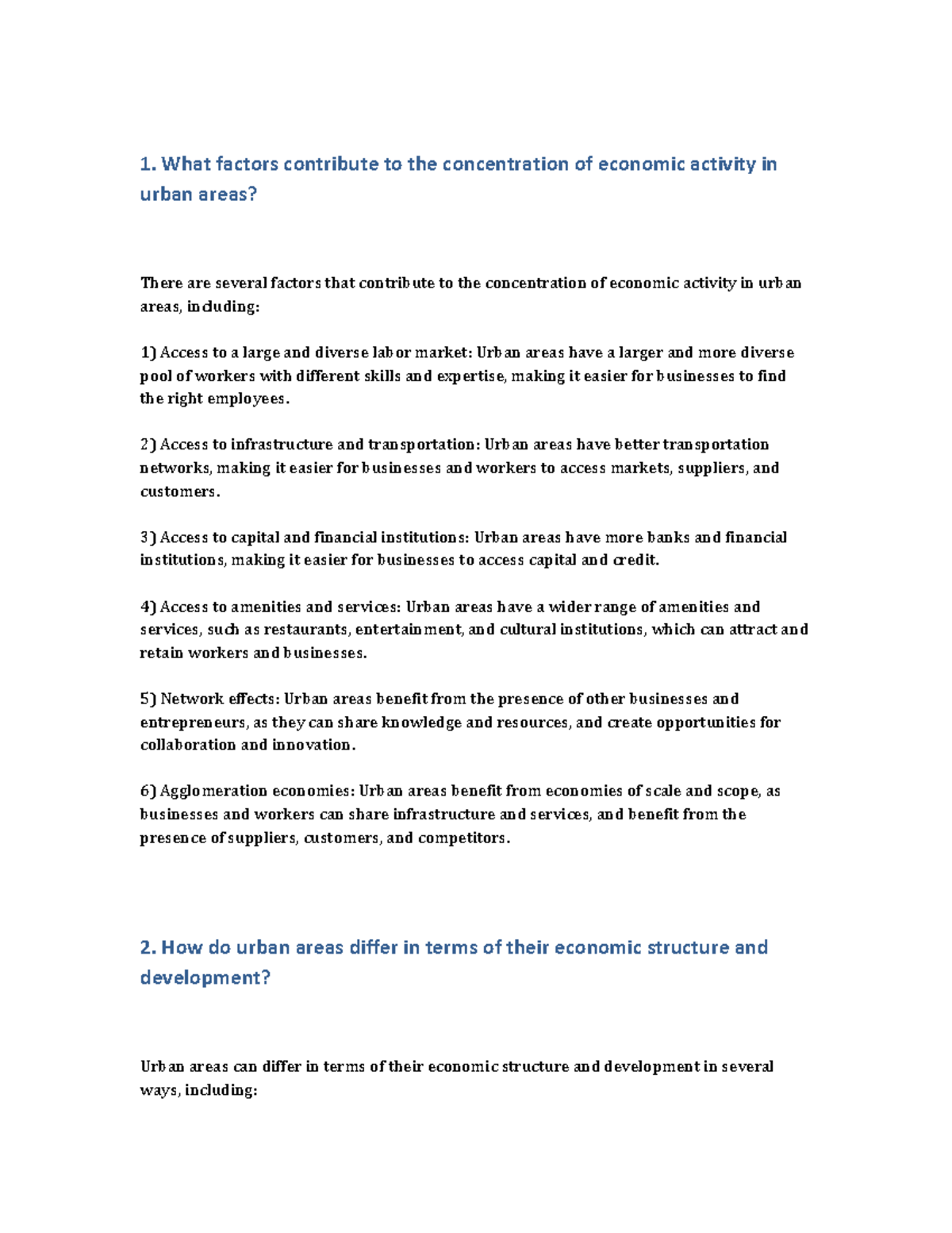 Urban economics 1 - 1. What factors contribute to the concentration of ...