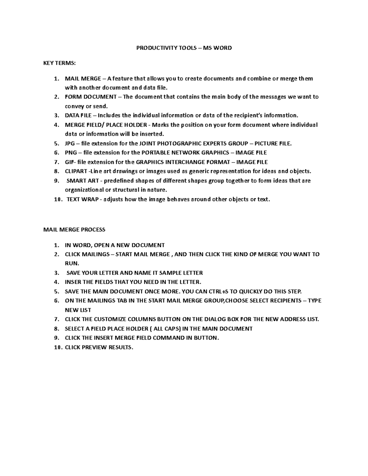 Productivity- Tools in practice material - PRODUCTIVITY TOOLS – MS WORD ...