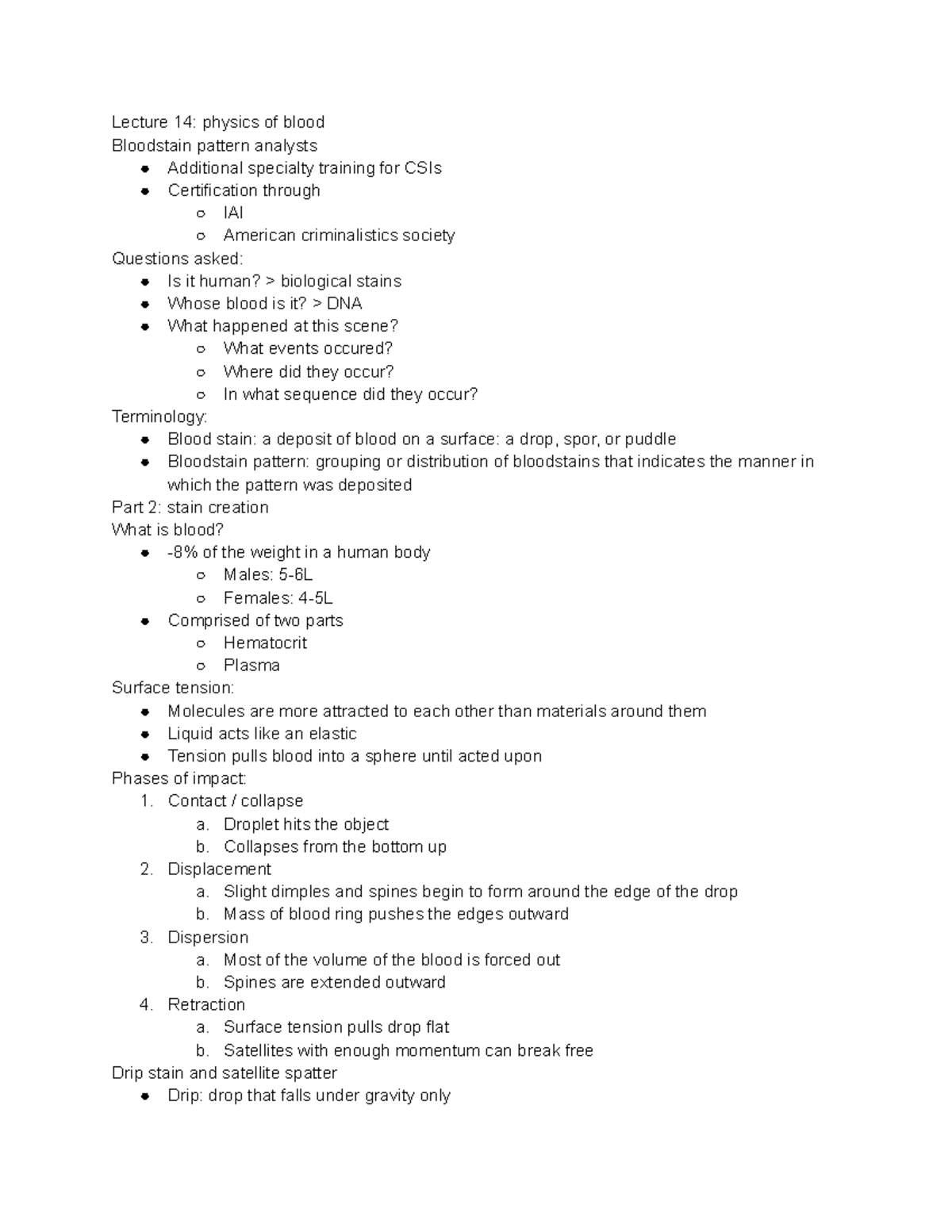 Lecture 14: Physics of Blood - Lecture 14: physics of blood Bloodstain ...
