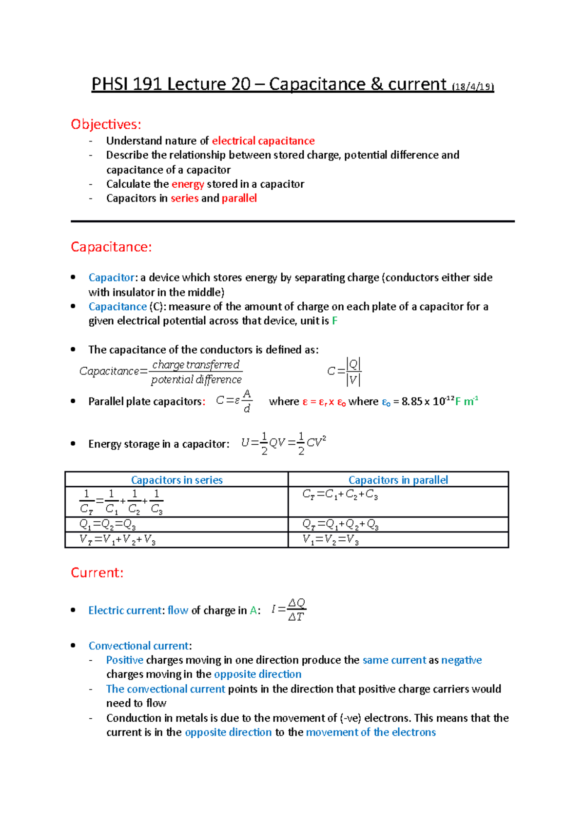 PHSI 191 Lecture 20 - PHSI191 - PHSI 191 Lecture 20 – Capacitance & current (18/4/19) - Studocu