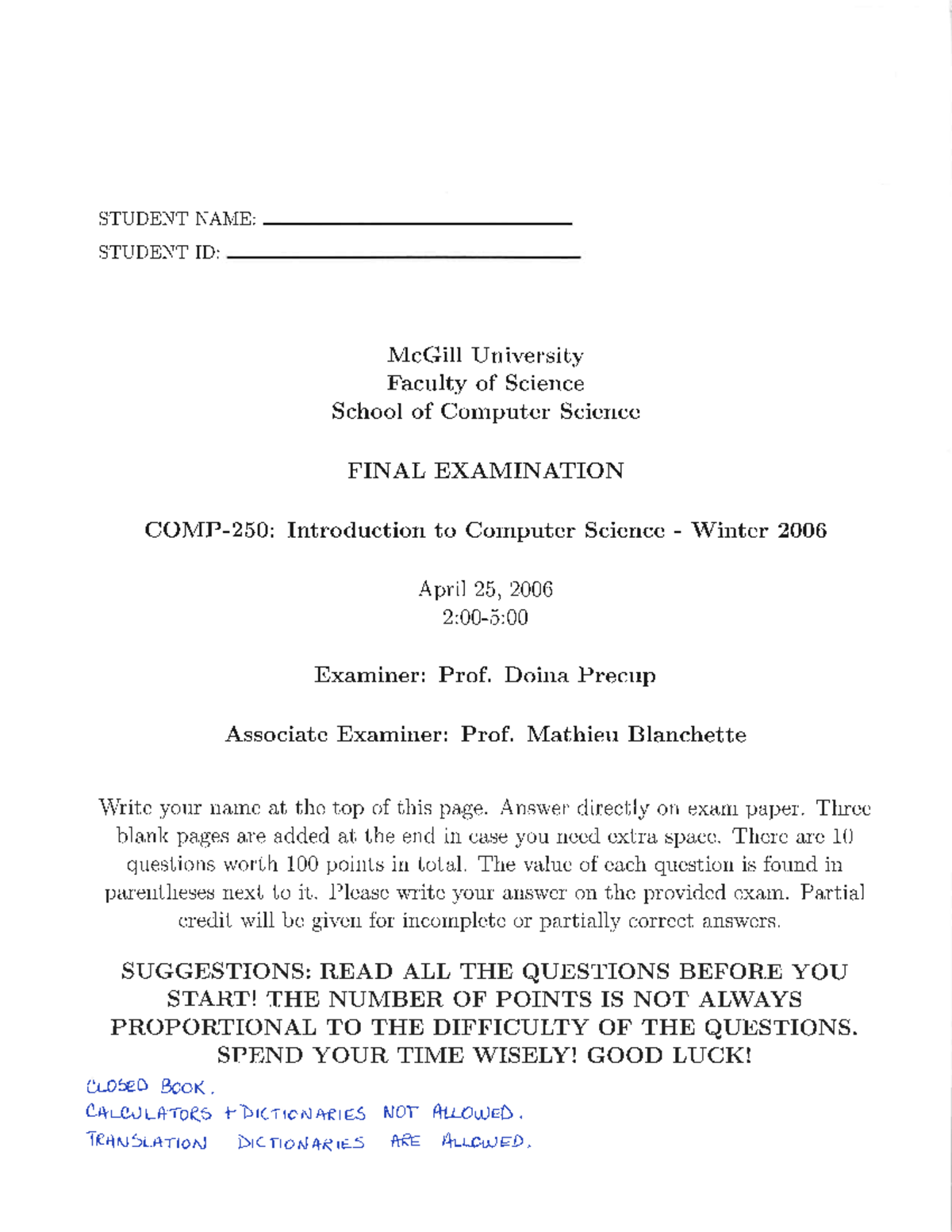 COMP 250 april 2006 - Exam/Practice - Comp 250 - Studocu