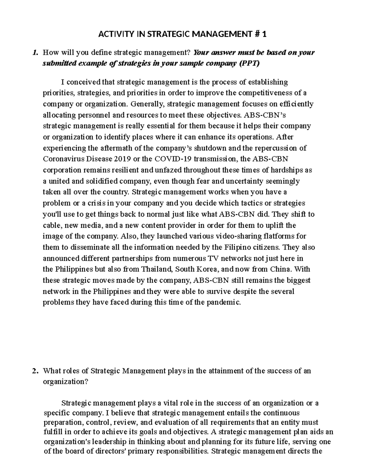 Sample Essays in Strama - Strategic Management - DHVSU - Studocu