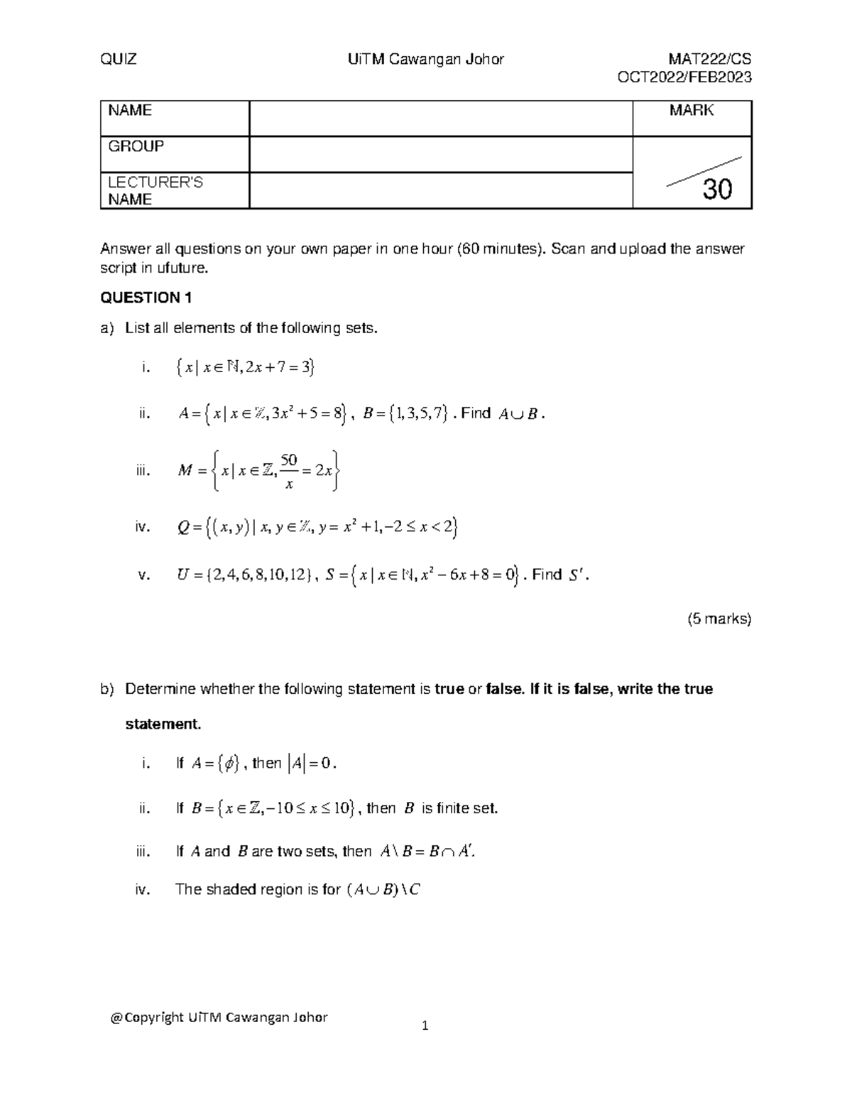 QUIZ MAT222 OKT2022 - Have fun solving this,idk I jst want the documents in this - QUIZ UiTM ...