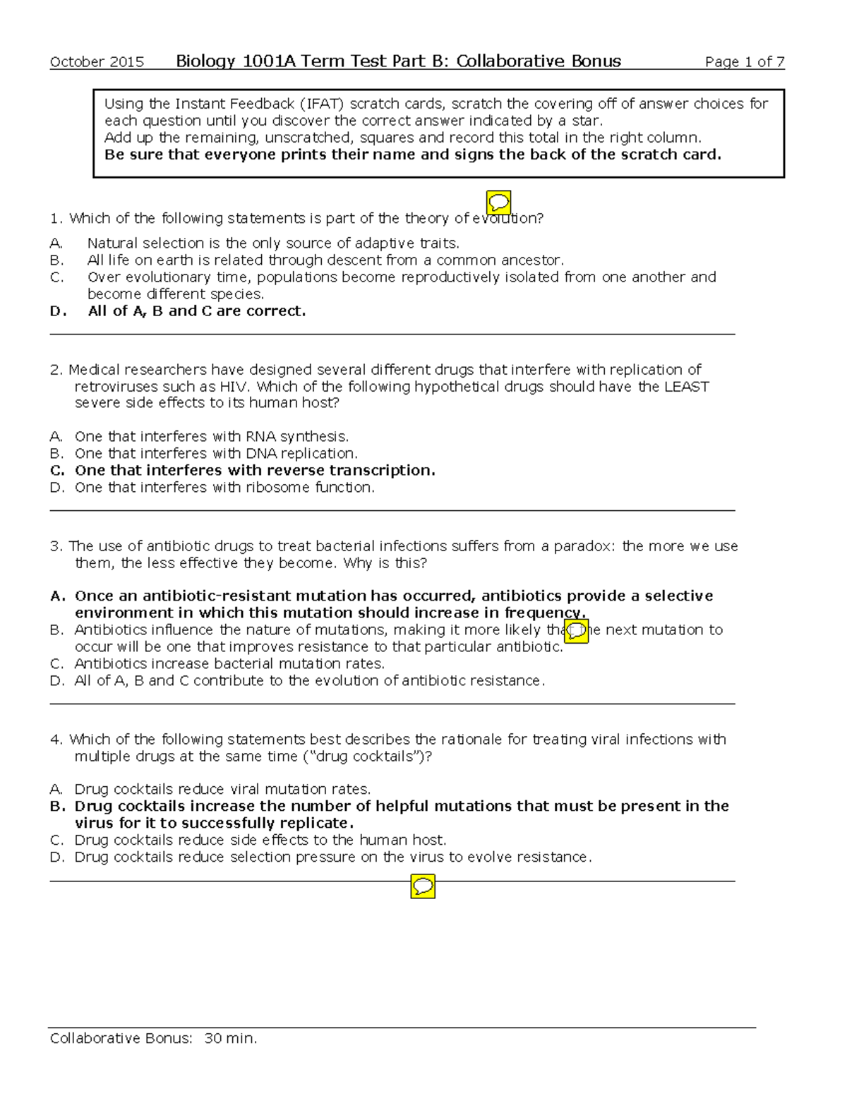 2015 Test 1 - ... - Using the Instant Feedback (IFAT) scratch cards ...