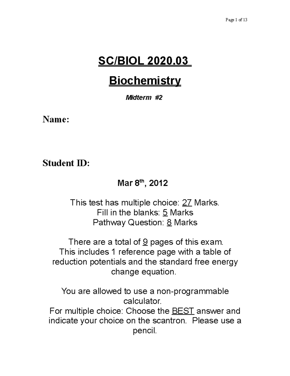 Midterm 2 2020 MC - chem 2020- practice tests - SC/BIOL 2020 ...