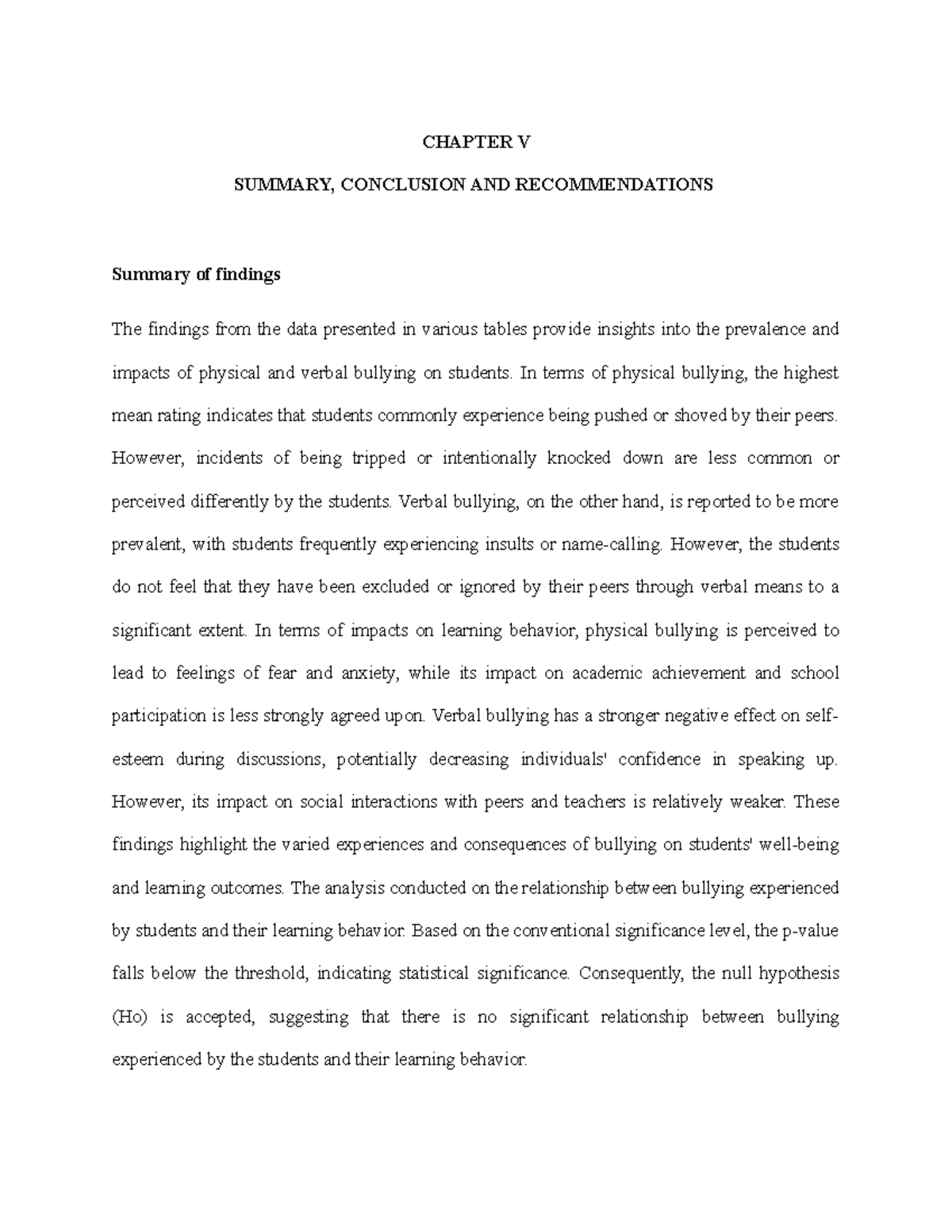PV Bullying - CHAPTER V SUMMARY, CONCLUSION AND RECOMMENDATIONS Summary ...