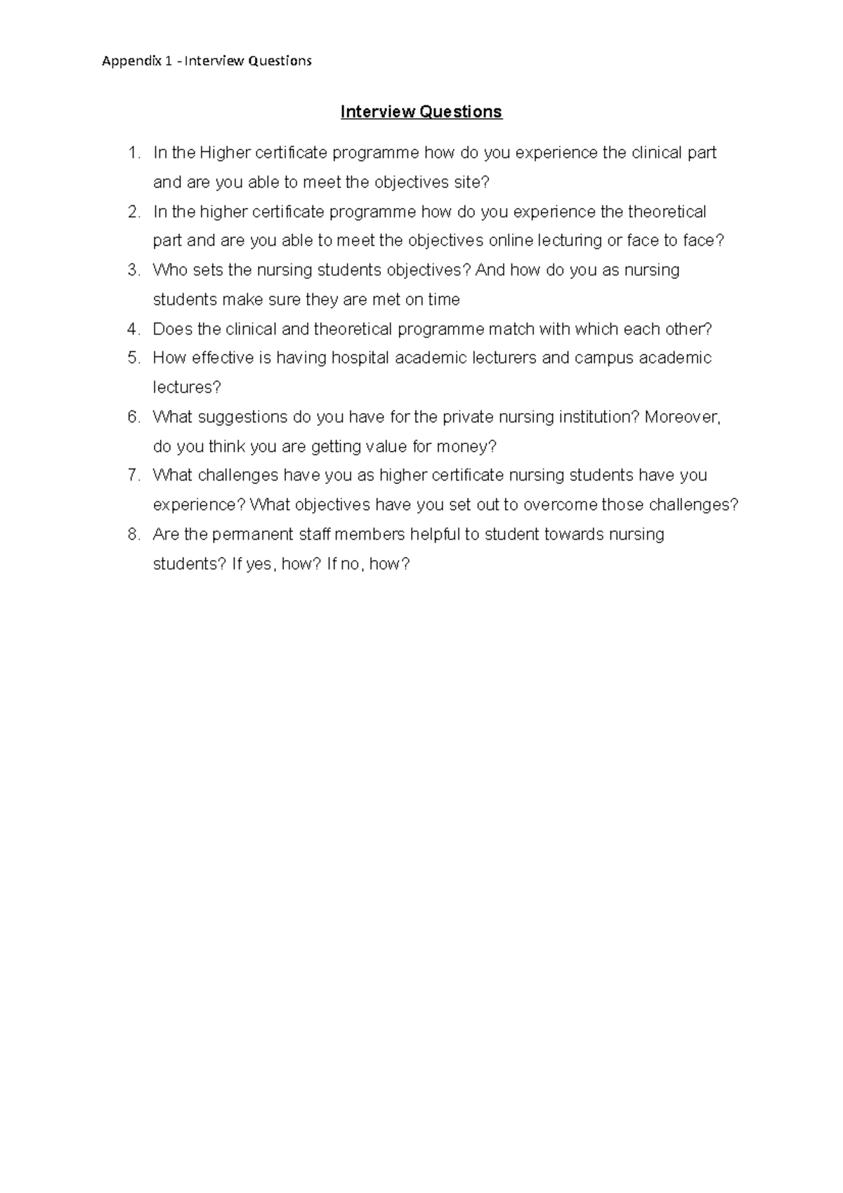 Appendix 1 Interview Questions Appendix 1 Interview Questions Interview Questions In The