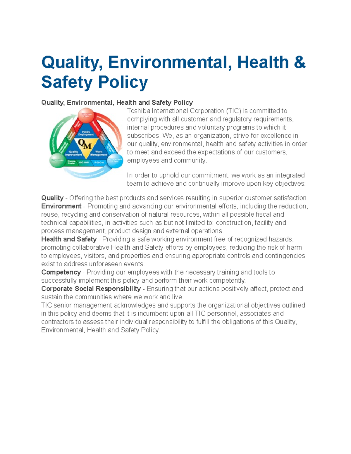 Toshiba QEHS Policy - Quality, Environmental, Health & Safety Policy ...