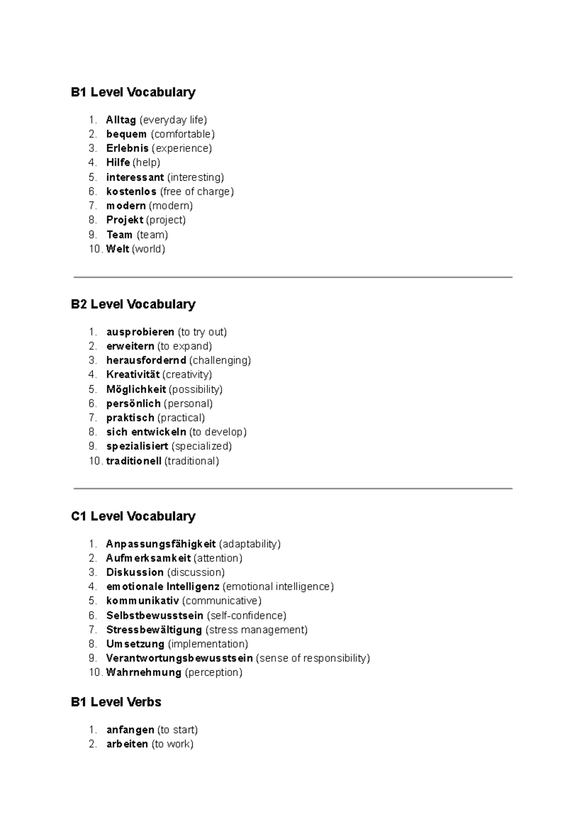 DSD 2 LV Vokabeln - Wörter von dsd 2 modellsaetze - B1 Level Vocabulary 1. Alltag (everyday life ...
