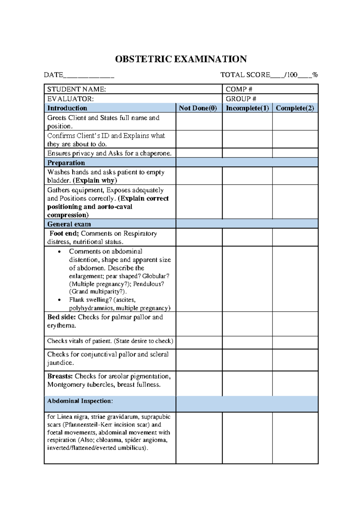 17. Obstetric Examination - OBSTETRIC EXAMINATION DATE ...