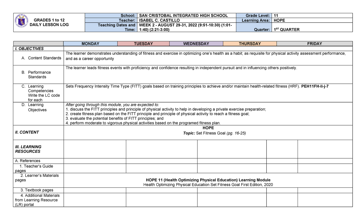 SHS PE 11 DLL - SHS DLL - GRADES 1 to 12 DAILY LESSON LOG School: SAN ...