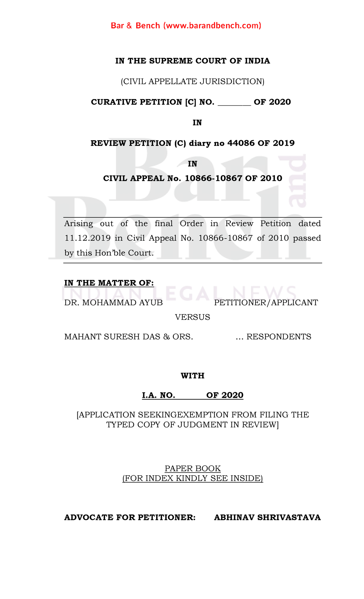 Curative petition Ayub PDF - IN THE SUPREME COURT OF INDIA (CIVIL ...