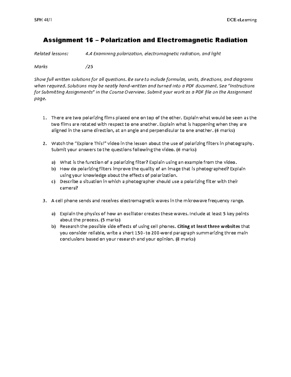 A16 Polarization and Electromagnetic Radiation - SPH 4U1 DCE eLearning Assignment 16 ...