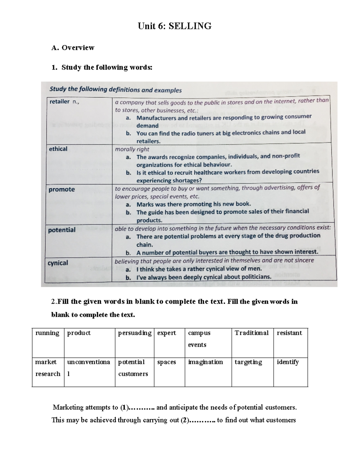 Unit 6- Selling- Vocabulary - Unit 6: SELLING A. Overview 1. Study the ...