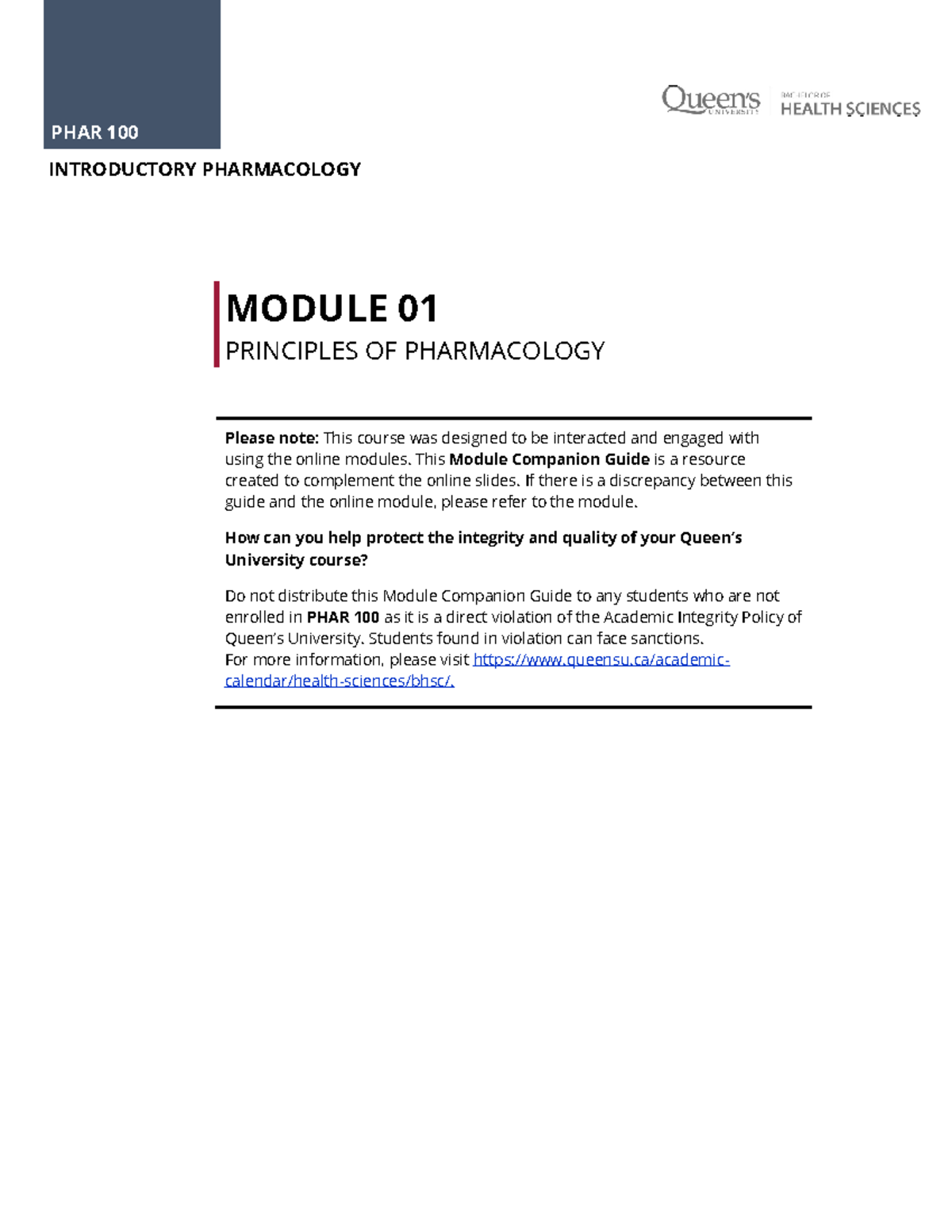 PHAR100 M01 OL on Q Companion Guide - oiw MODULE 01 PRINCIPLES OF ...