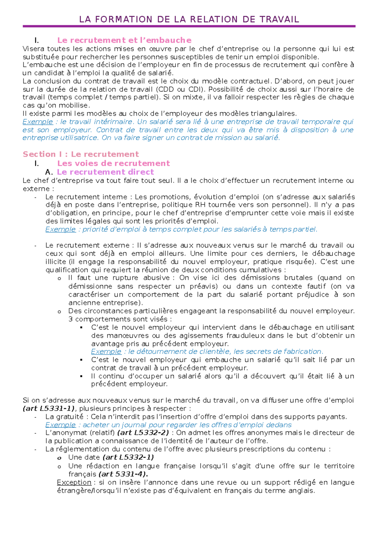 La formation de la relation de travail - LA FORMATION DE LA RELATION DE ...