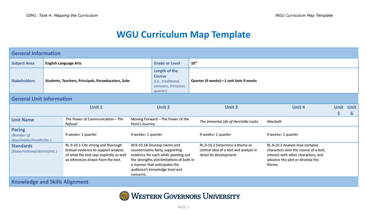 Mapping the Curriculum - WGU Curriculum Map Template General ...