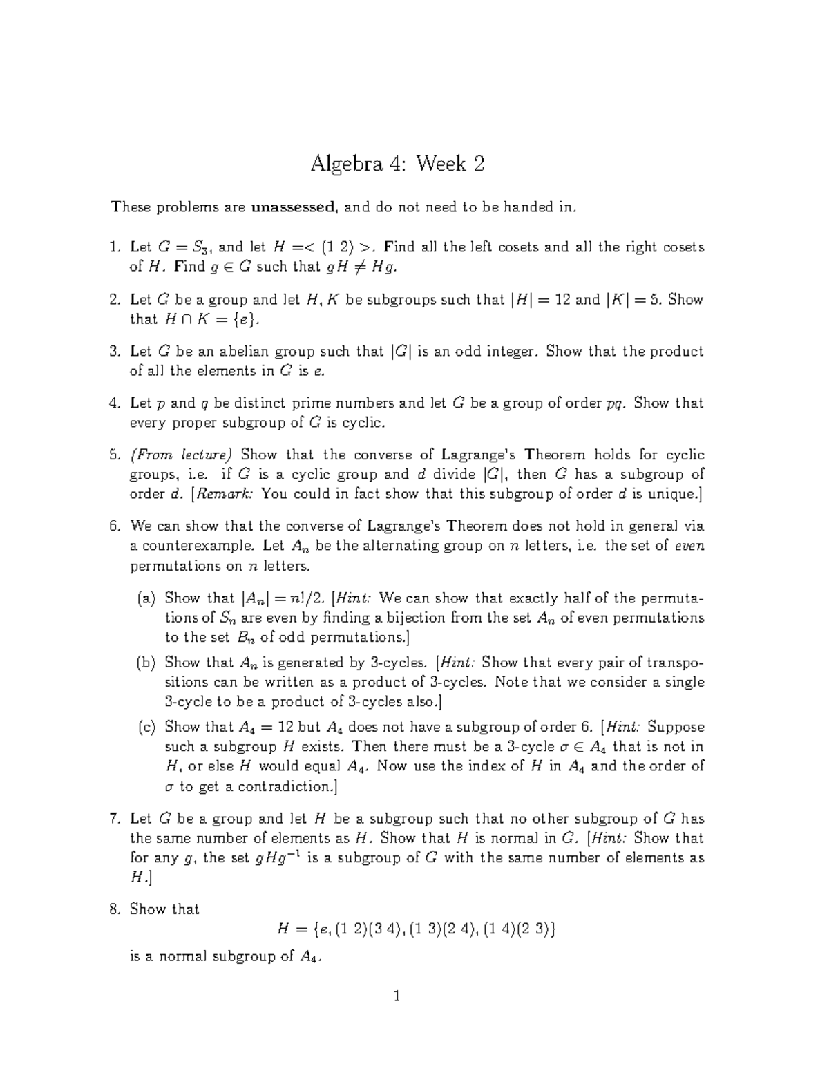 Week3 Problem Sheet - Algebra 4: Week 2 These problems are unassessed ...