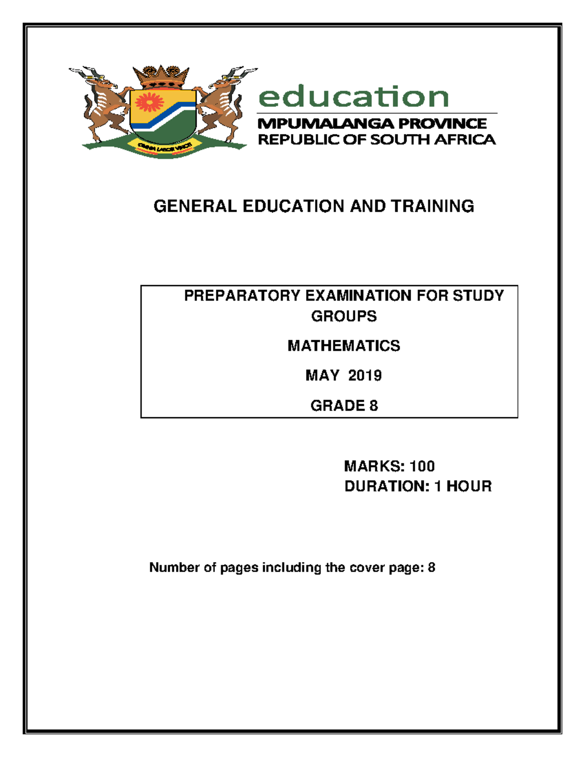 Maths Grade 8 Preparatory Examination MAY 2019 Paper -3 - GENERAL EDUCATION AND TRAINING ...