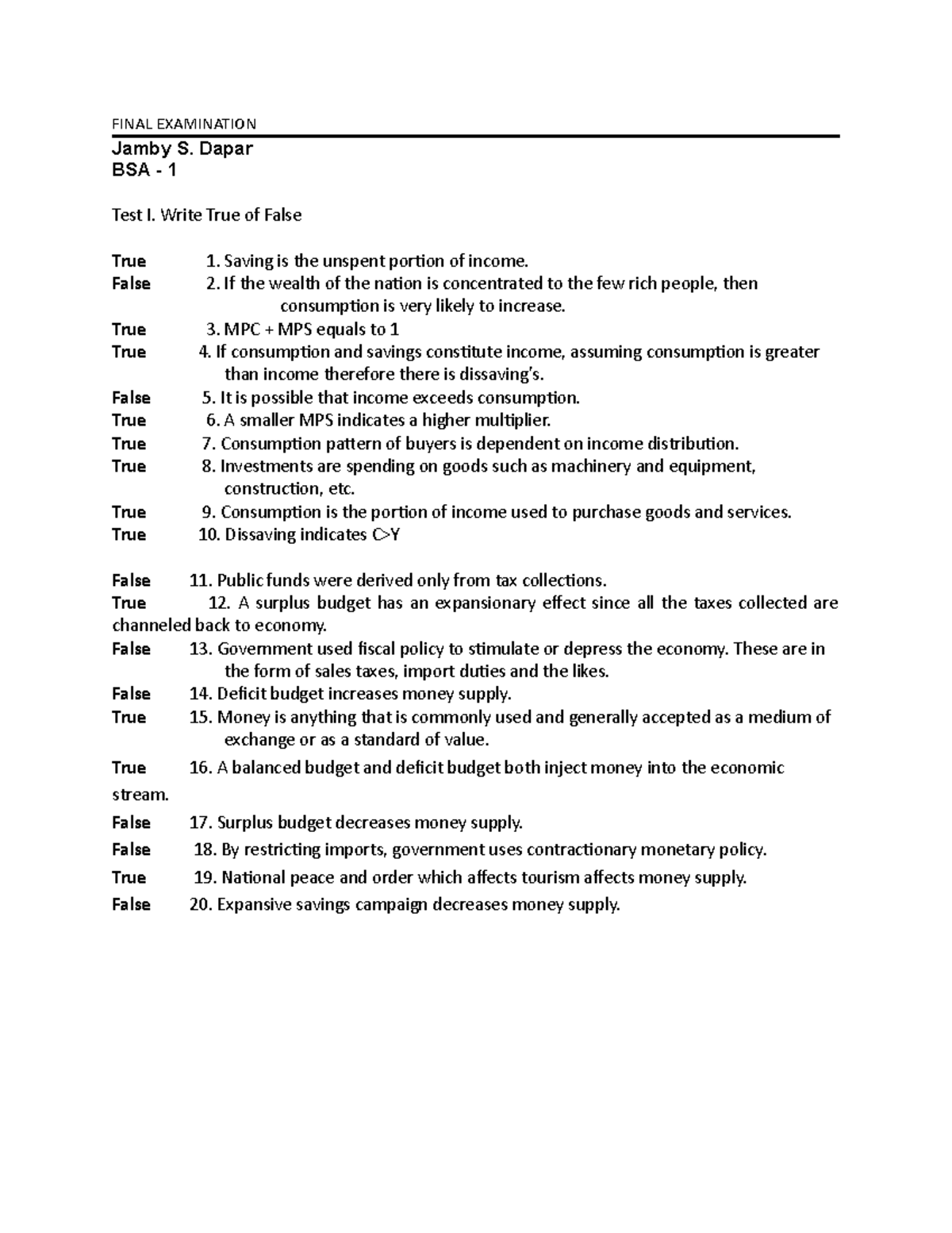 Dapar - Final Examination - FINAL EXAMINATION Jamby S. Dapar BSA - 1 ...