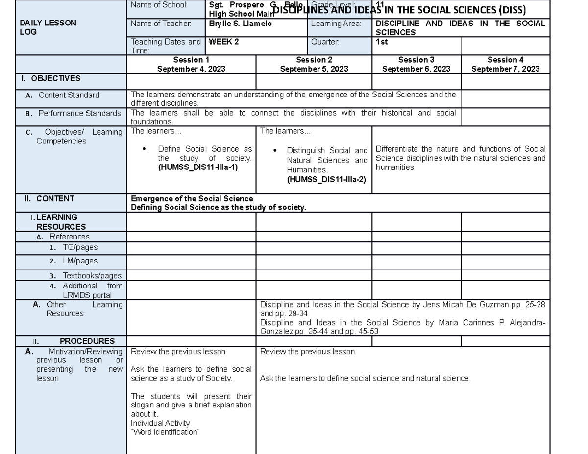 2DLL DISS (WEEK 1) - DLL FOR DISS - DAILY LESSON LOG Name of School ...