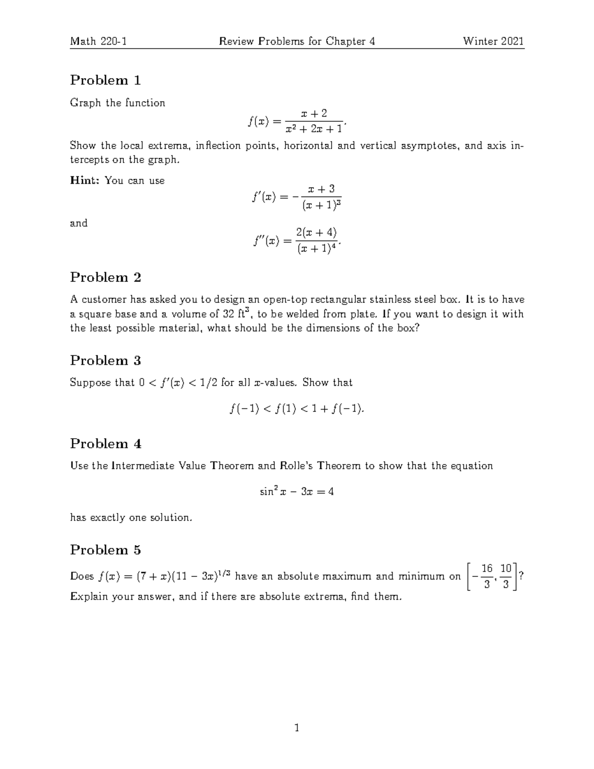 Math 220-1 Practice Test 5, Final Exam - Math 220-1 Review Problems for ...