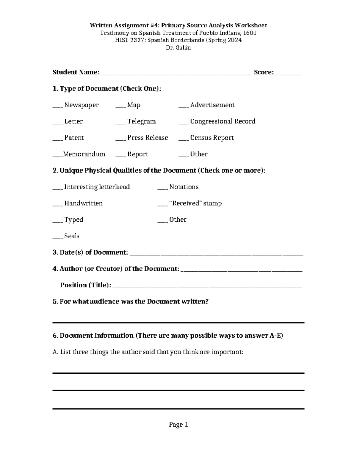 HIST 2327 - Written Assignment No4 Spanish Treatment of Pueblo Indians ...