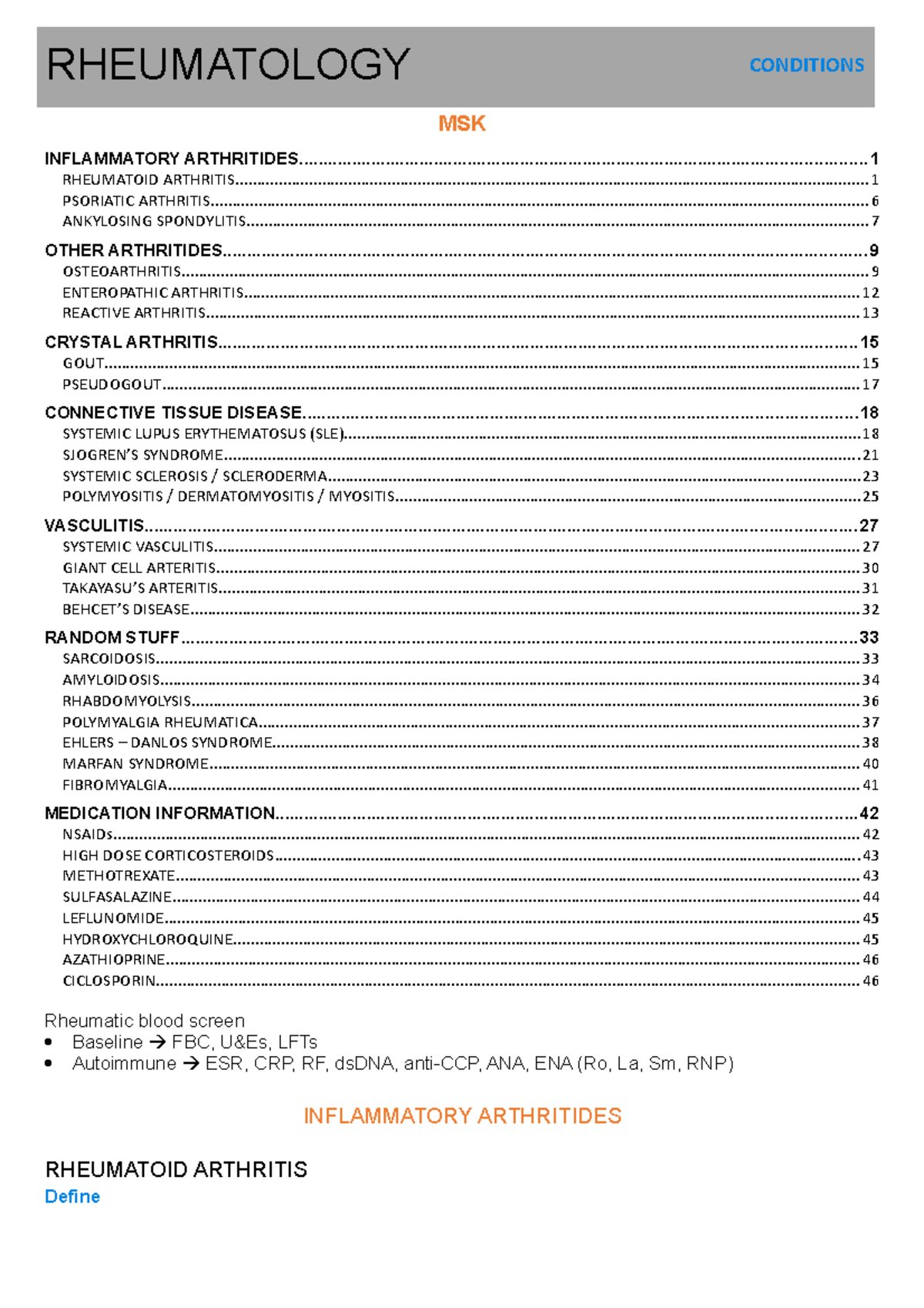 Rheumatology - MSK Rheumatic blood screen Baseline FBC, U&Es, LFTs ...