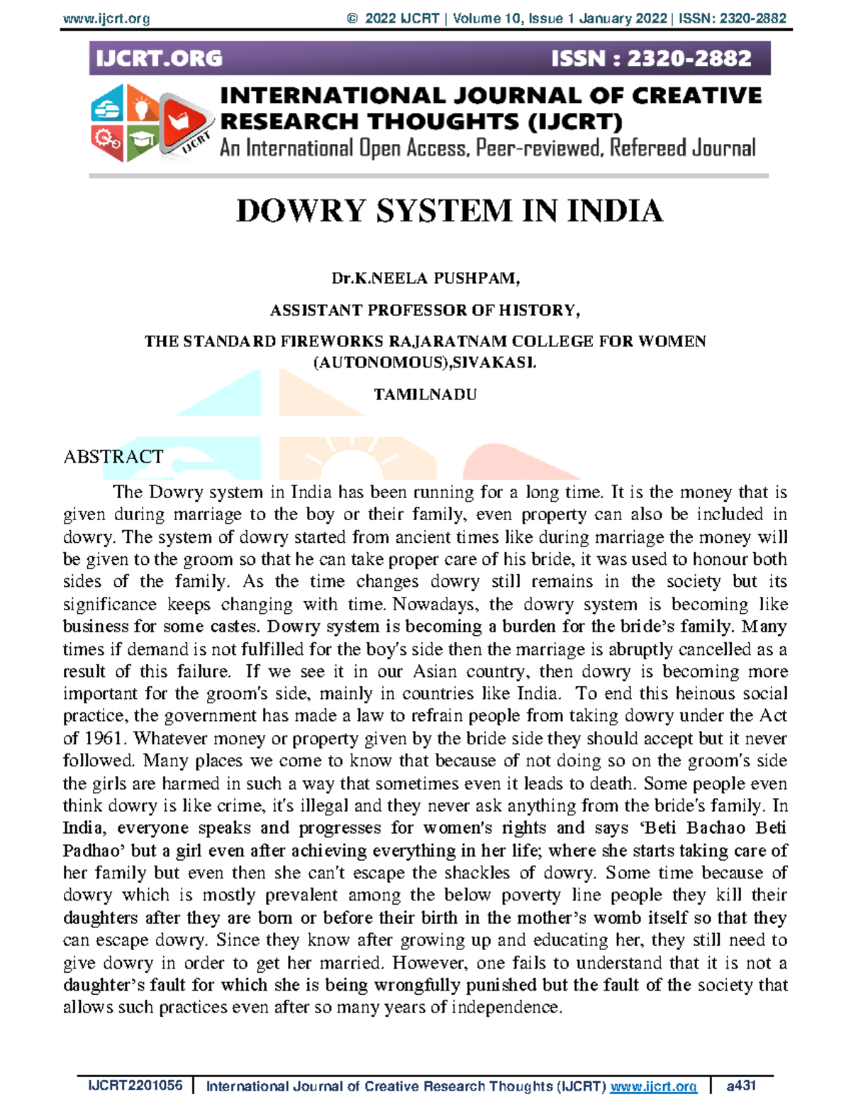 Ijcrt 22010 56 - Dowry - DOWRY SYSTEM IN INDIA Dr.K PUSHPAM, ASSISTANT ...