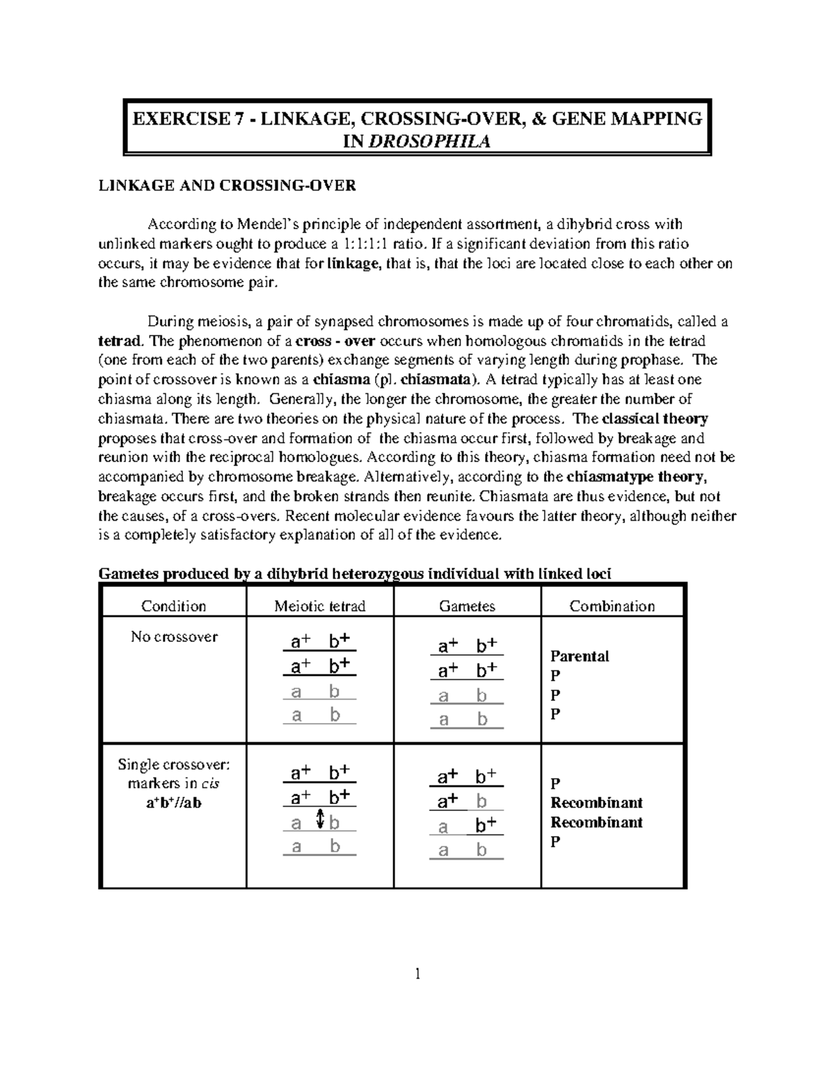Exercise 7 Linkage, Crossing OVER, & GENE Mapping IN Drosophila ...