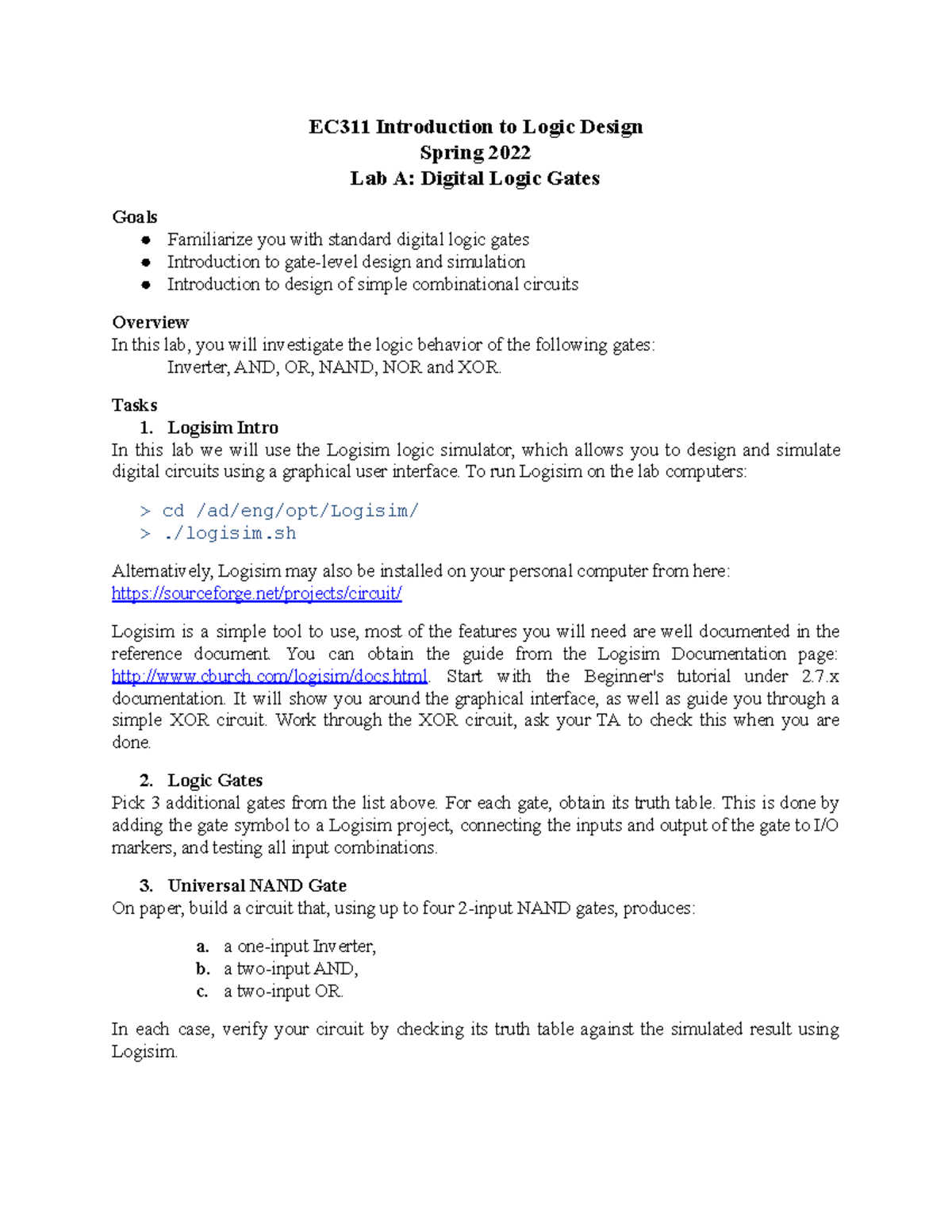 EC311 Lab A - Prof. Tali Moreshet - EC311 Introduction to Logic Design ...