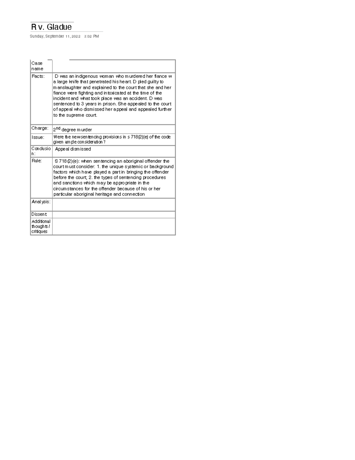 R v. Gladue - case brief - R v. Gladue Sunday, September 11, 2022 3:02 ...